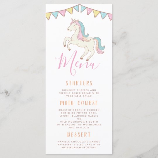 Rainbow Unicorn Girl's Birthday Party Menu | Zazzle.com