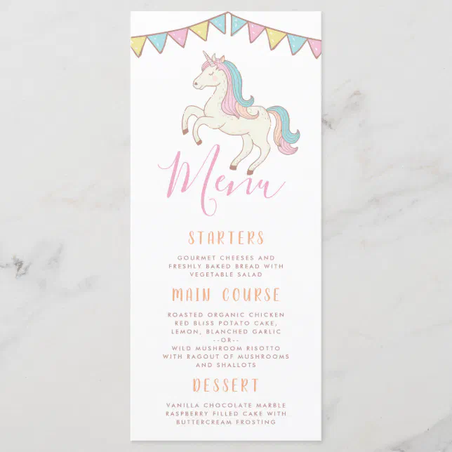Rainbow Unicorn Girl's Birthday Party Menu | Zazzle