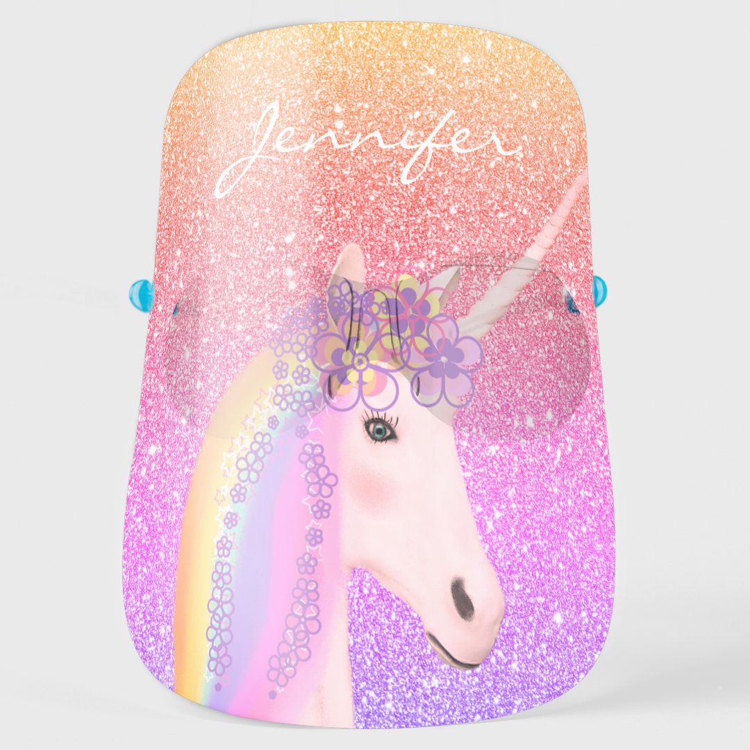 Rainbow Unicorn Glitter Personalized Face Shield | Zazzle