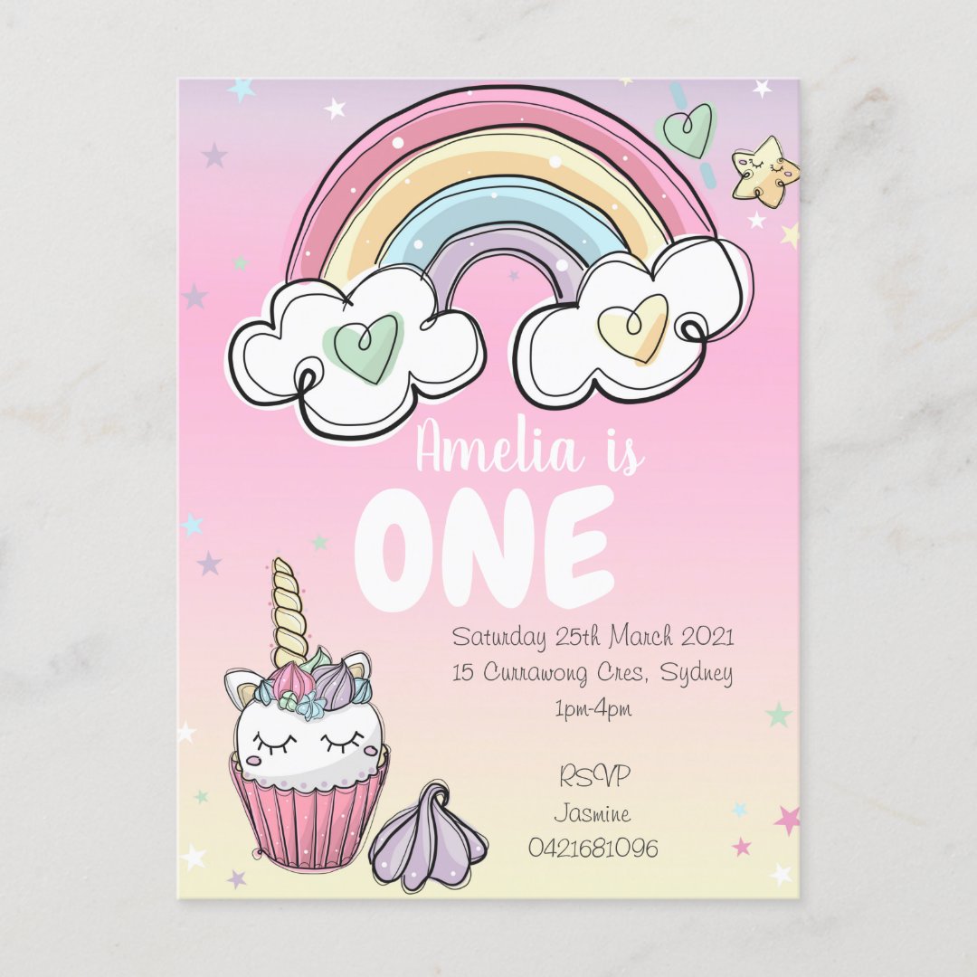 Rainbow Unicorn Invitation Postcard | Zazzle