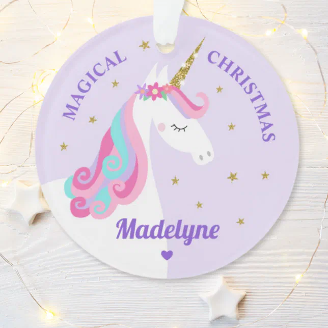 Rainbow Unicorn Magical Christmas Purple Ornament | Zazzle