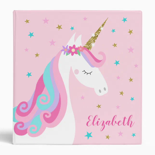 Rainbow Unicorn Magical Glitter Pink 3 Ring Binder | Zazzle