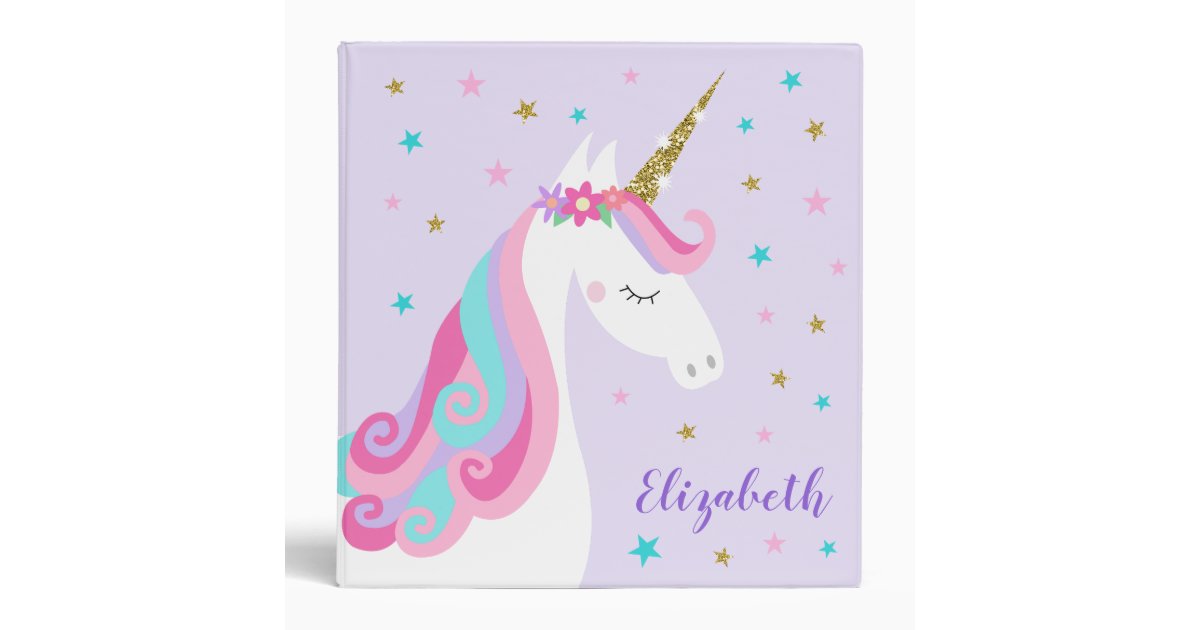 Rainbow Unicorn Magical Glitter Purple 3 Ring Binder | Zazzle