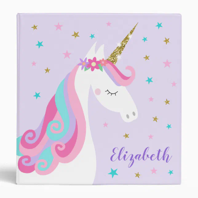 Rainbow Unicorn Magical Glitter Purple 3 Ring Binder | Zazzle