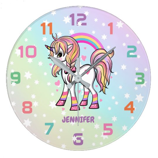 Rainbow Unicorn Stars Nursery Decor Wall Clock | Zazzle.com