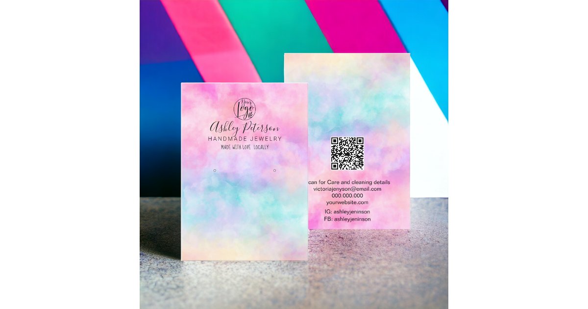 Rainbow unicorn watercolor logo qr jewelry earring business card | Zazzle