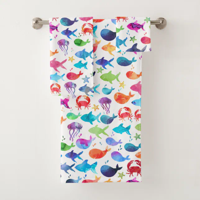 Rainbow Watercolor Fish Under The Sea Marine Bath Towel Set | Zazzle