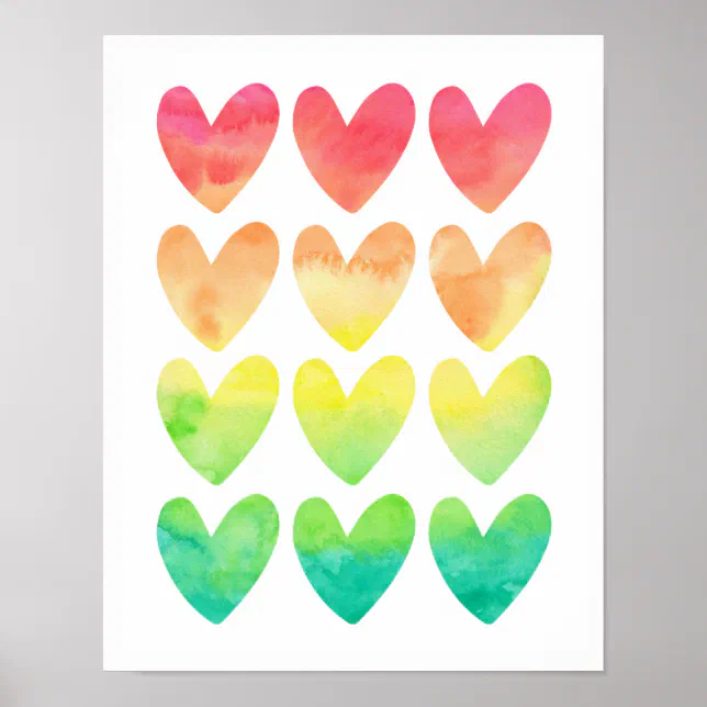Rainbow watercolor hearts kids poster print | Zazzle