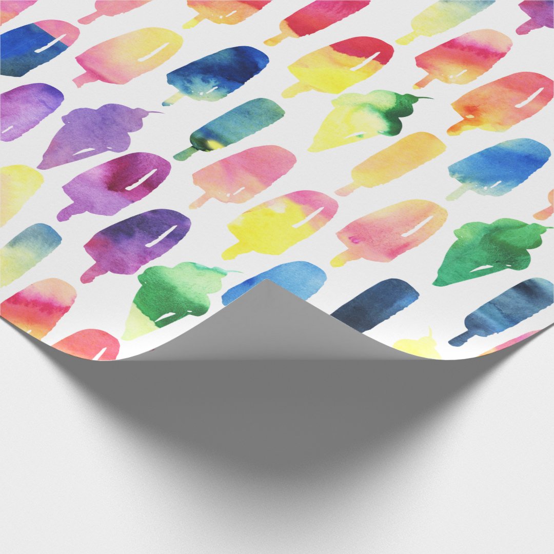 Rainbow Watercolor Ice Cream Cone Popsicles Kids Wrapping Paper | Zazzle