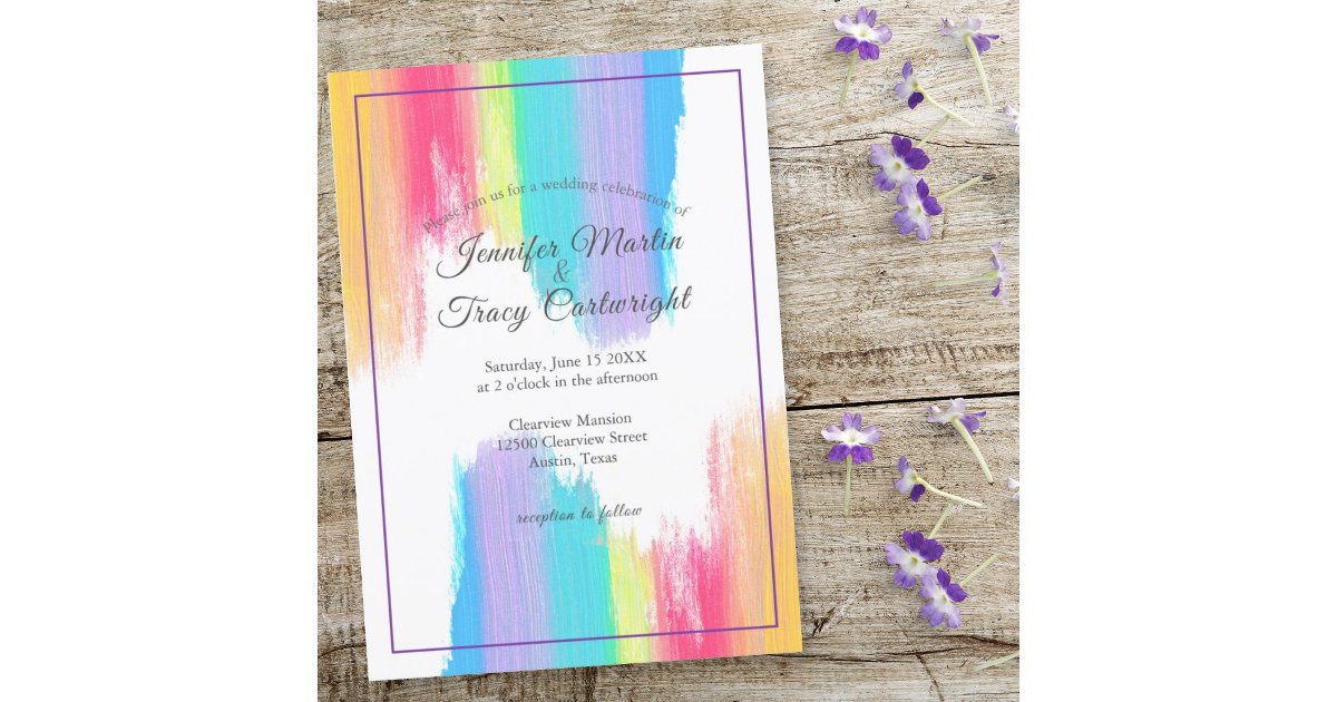 Rainbow Watercolor Paint Strokes LGBTQ Wedding Invitation | Zazzle