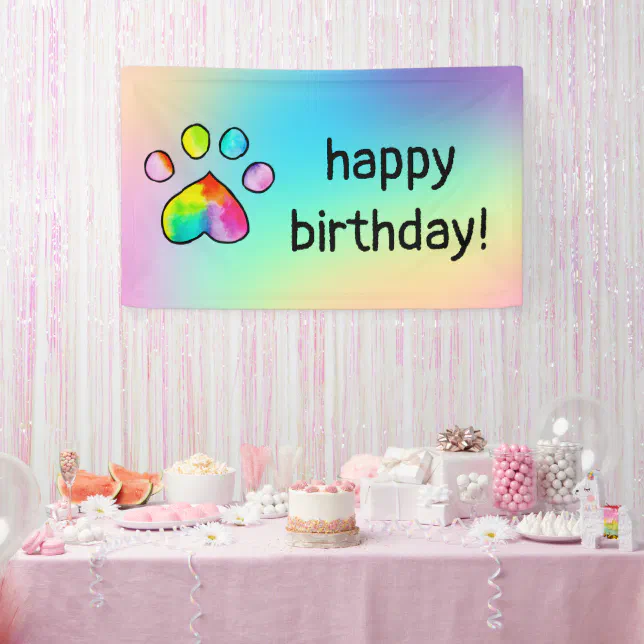 Rainbow Watercolor Paw Print Birthday Party Banner | Zazzle