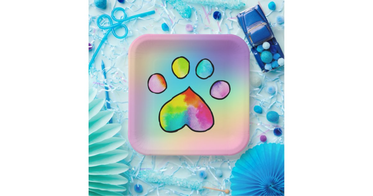 Rainbow Watercolor Paw Print Birthday Party Paper Plates | Zazzle