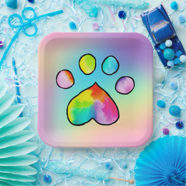 Rainbow Watercolor Paw Print Birthday Party Paper Plates | Zazzle