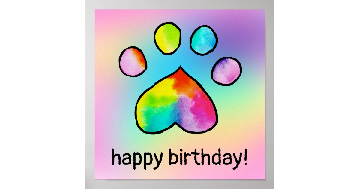 Rainbow Watercolor Paw Print Birthday Party Poster | Zazzle