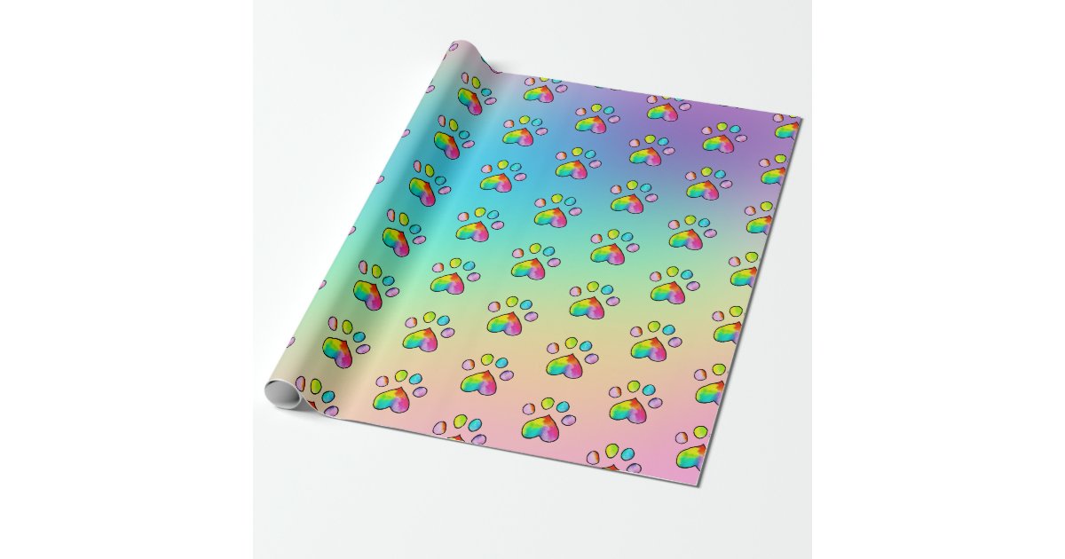 Rainbow Watercolor Paw Print Birthday Party Wrapping Paper | Zazzle