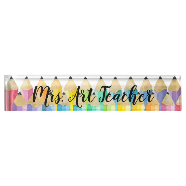 Rainbow Watercolor Pencil Teacher Desk Nameplate | Zazzle