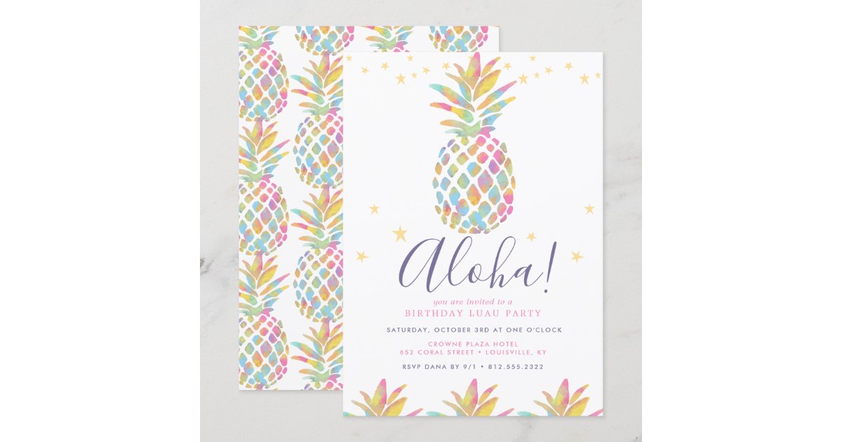 Rainbow Watercolor Pineapple Tropical Birthday Invitation | Zazzle