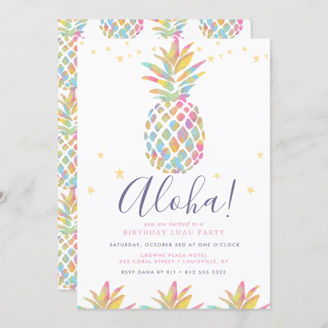 Rainbow Watercolor Pineapple Tropical Birthday Invitation | Zazzle