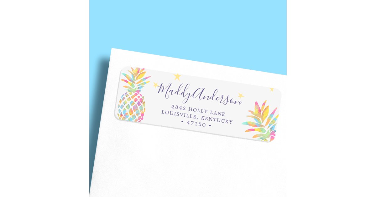 Rainbow Watercolor Pineapple Tropical Custom Label | Zazzle