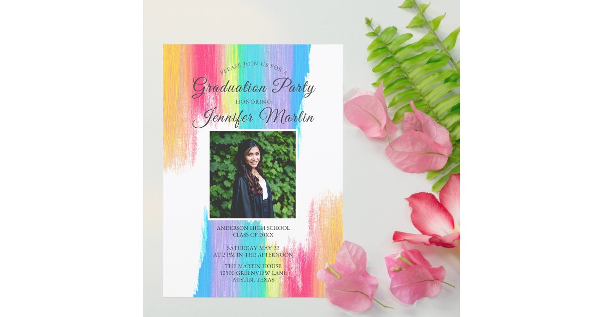 Rainbow Watercolor Senior Photo Graduation Party Invitation | Zazzle