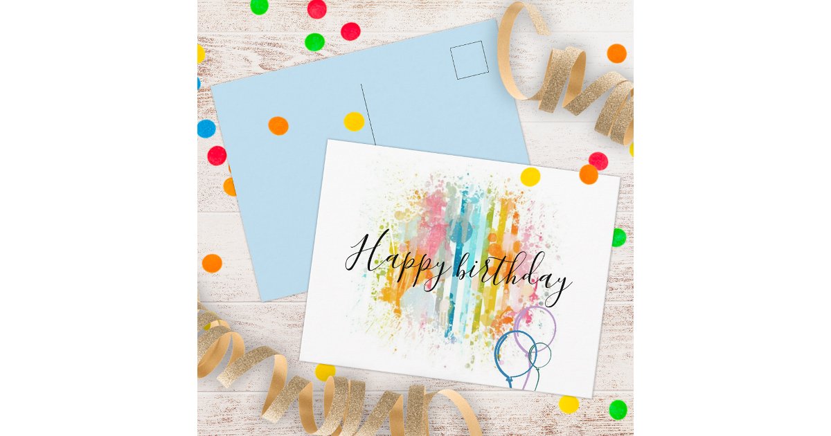 Rainbow Watercolor Stripe Paint Splatters Birthday Postcard | Zazzle