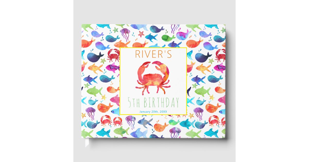 Rainbow Watercolor Under The Sea Crab Guest Book | Zazzle