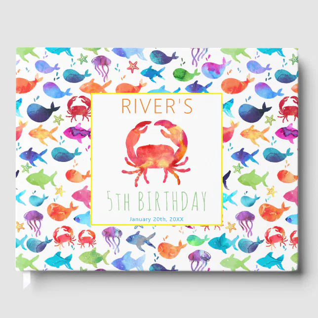 Rainbow Watercolor Under The Sea Crab Guest Book | Zazzle