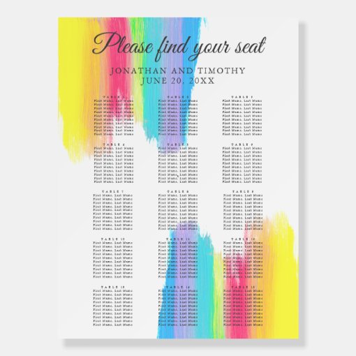 Rainbow Wedding Elegant 15 Table Seating Chart Foam Board | Zazzle