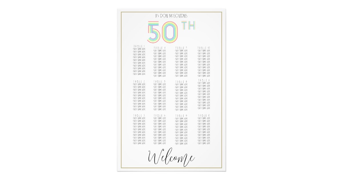 Rainbow & White 50th Birthday Seating Chart Print | Zazzle