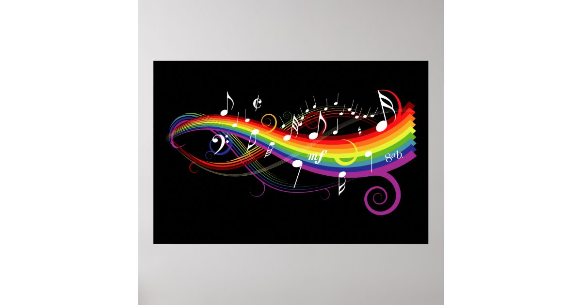 Rainbow White Music Notes on Black Poster | Zazzle