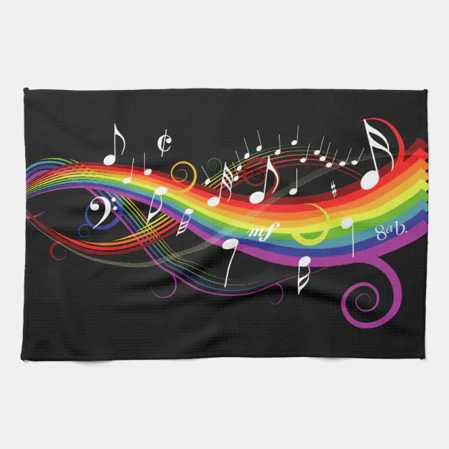 Rainbow White Music Notes on Black Towel | Zazzle