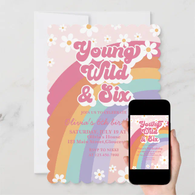 Rainbow Young Wild and Six 6th Birthday Invitation | Zazzle