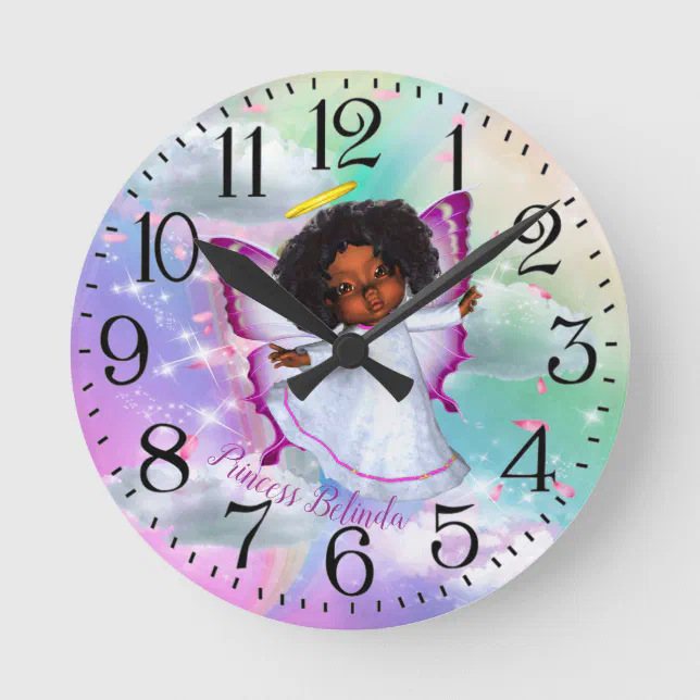Rainbows, Fluffy clouds & Butterfly Baby Girl Round Clock | Zazzle