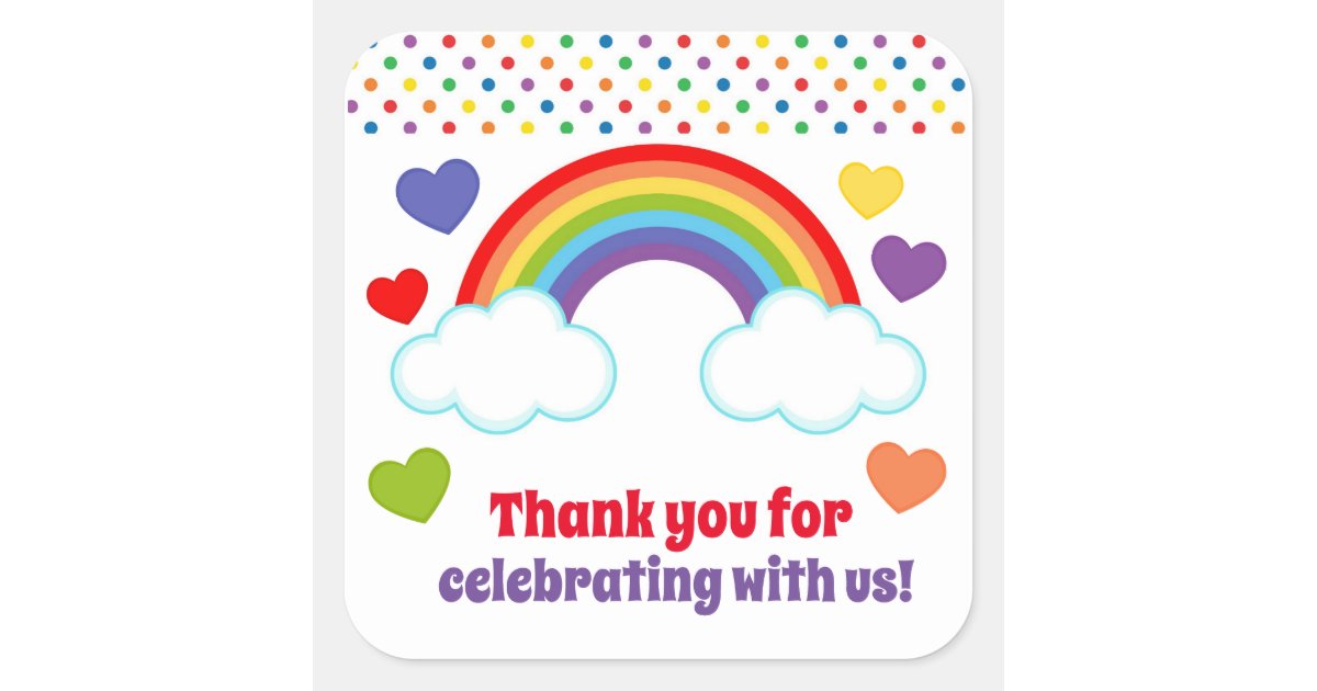 Rainbows Hearts and Dots Girls Birthday Square Sticker | Zazzle