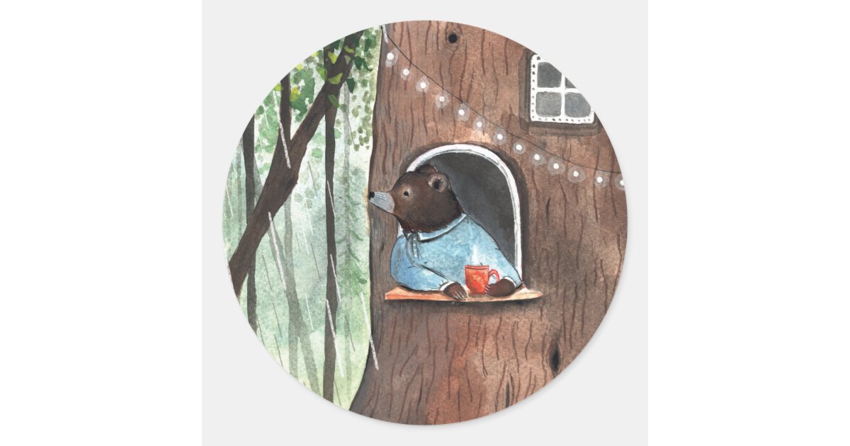 Rainy Day Bear Daydream Tea Time Illustration Classic Round Sticker ...