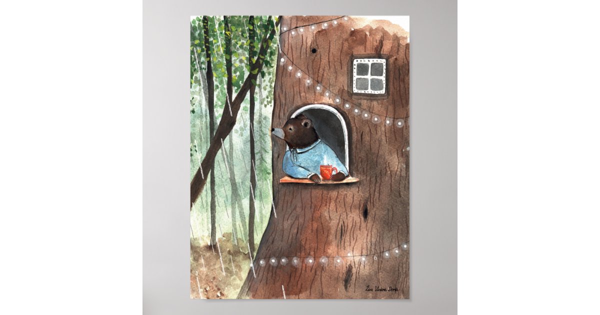 Rainy Day Bear Daydream Tea Time Illustration Poster | Zazzle