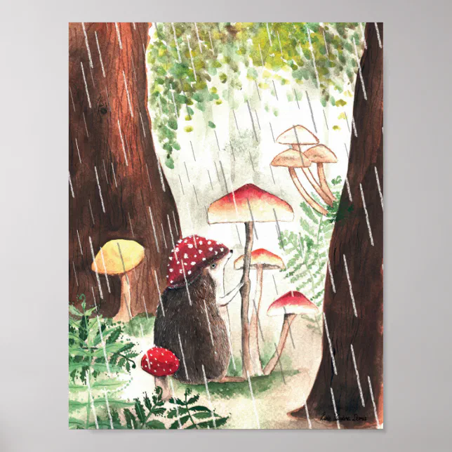 Rainy Day Hedgehog And Toadstool Illustration Poster | Zazzle