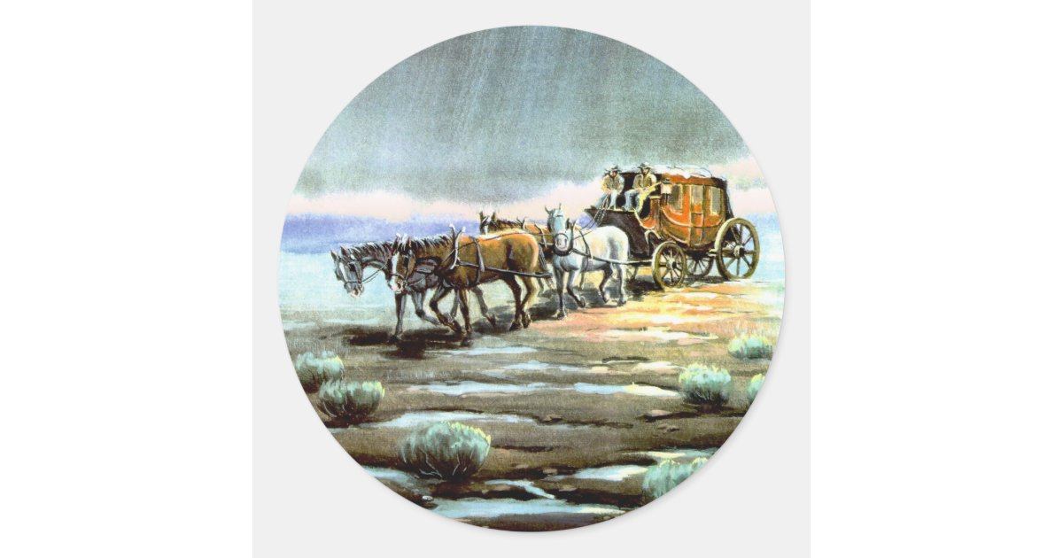 RAINY STAGECOACH by SHARON SHARPE Classic Round Sticker | Zazzle