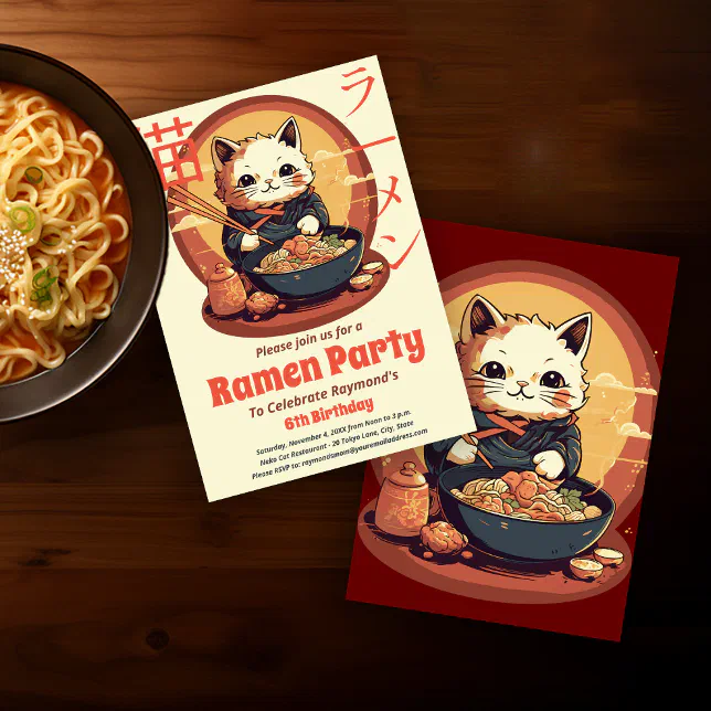 Ramen Birthday Party with Japanese Ramen Cat Invitation | Zazzle