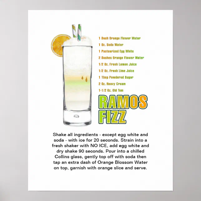 Ramos Gin Fizz Cocktail Recipe Art 16"x20" Poster | Zazzle