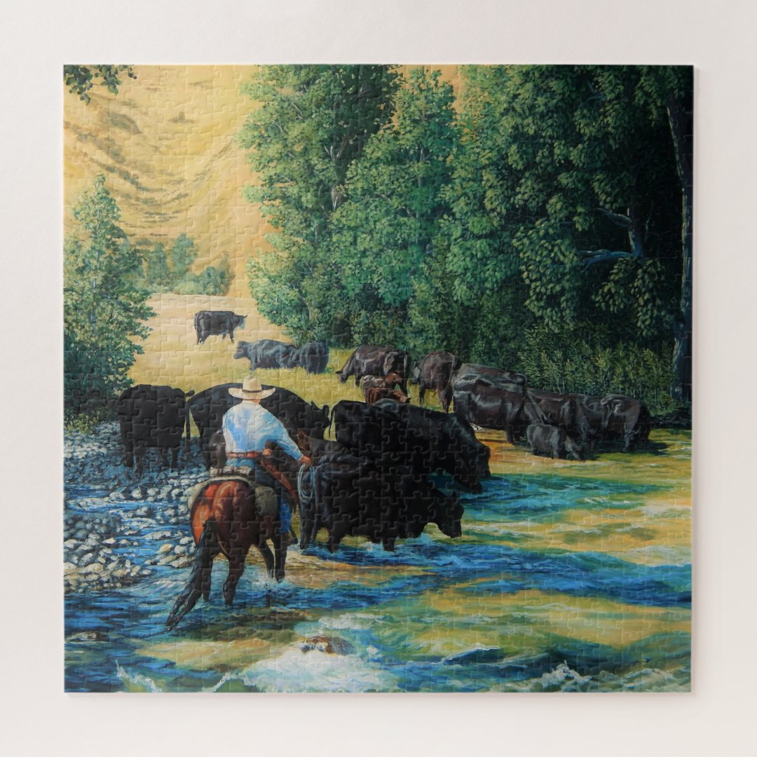 Ranch cattle drive Angus and horse at river Jigsaw Puzzle | Zazzle