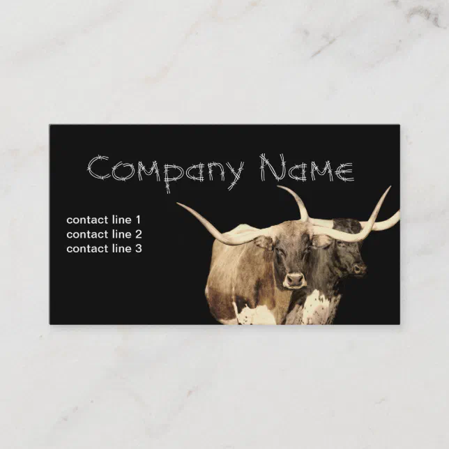 ranch farm longhorn cows on black custom business card | Zazzle