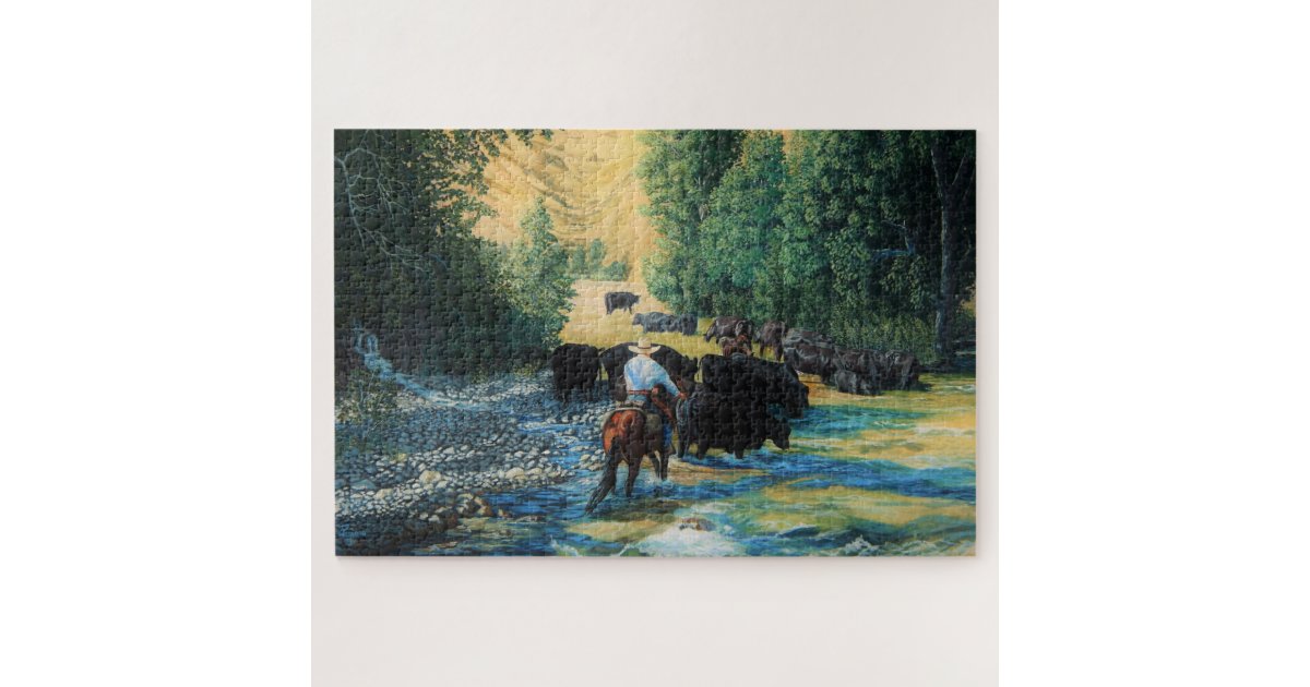 Ranch horse and Angus cattle herd drive and river Jigsaw Puzzle | Zazzle