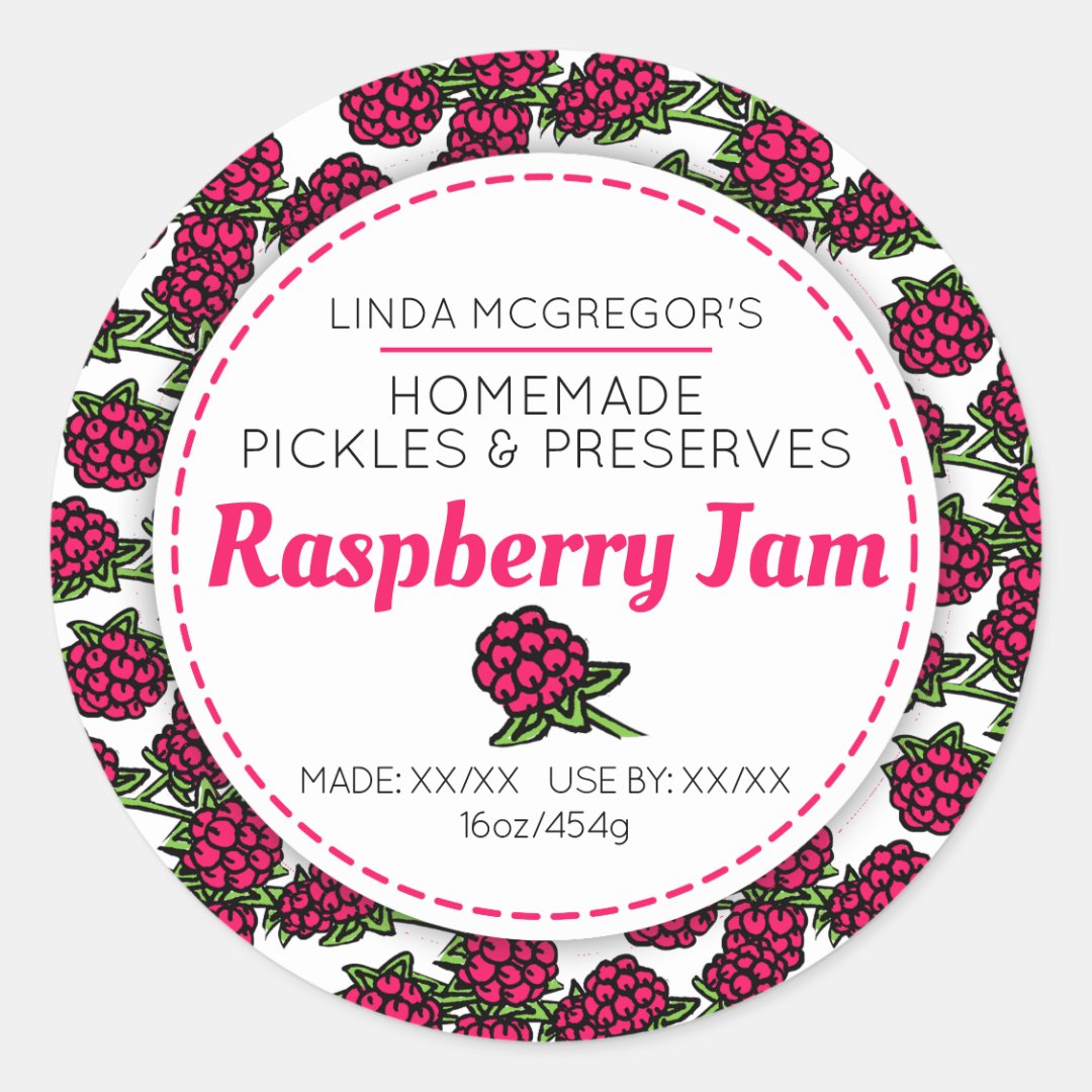 Raspberry jam cute drawing red round food label | Zazzle
