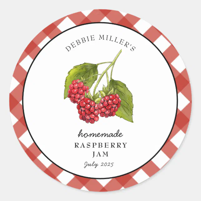 Raspberry Jam Gingham Jar Classic Round Sticker | Zazzle