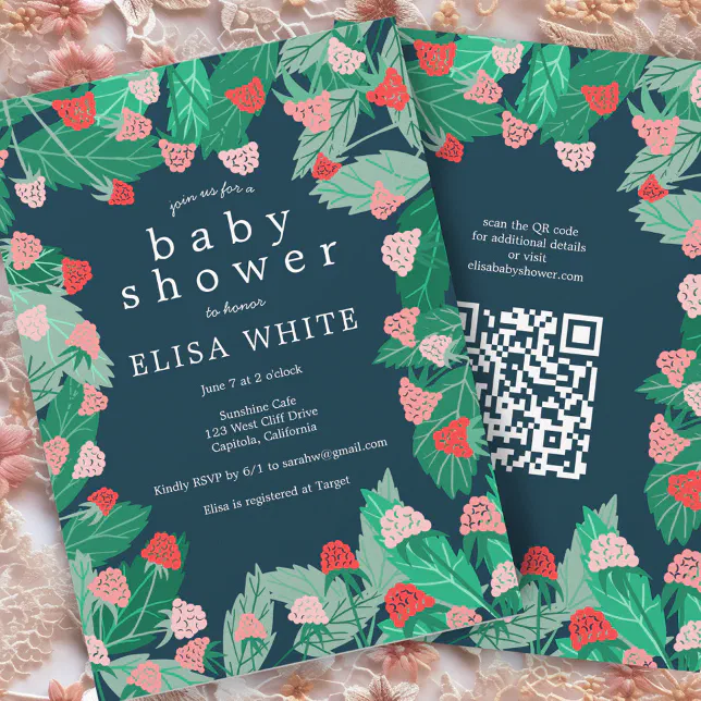 Raspberry Patch Cute CUSTOM QR Code BABY SHOWER Invitation | Zazzle