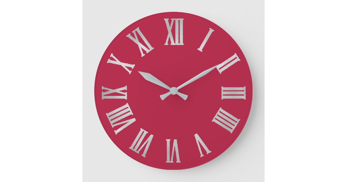 Raspberry Rose Silver Metallic Gray Roman Numbers Large Clock | Zazzle