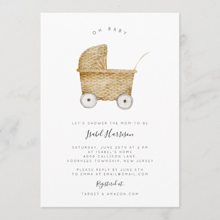 Rattan Stroller Minimalist Baby Shower Invitation | Zazzle.com