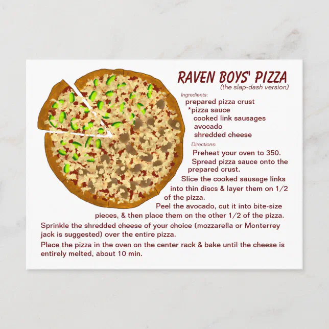 Raven Boys' Pizza Recipe Postcard | Zazzle