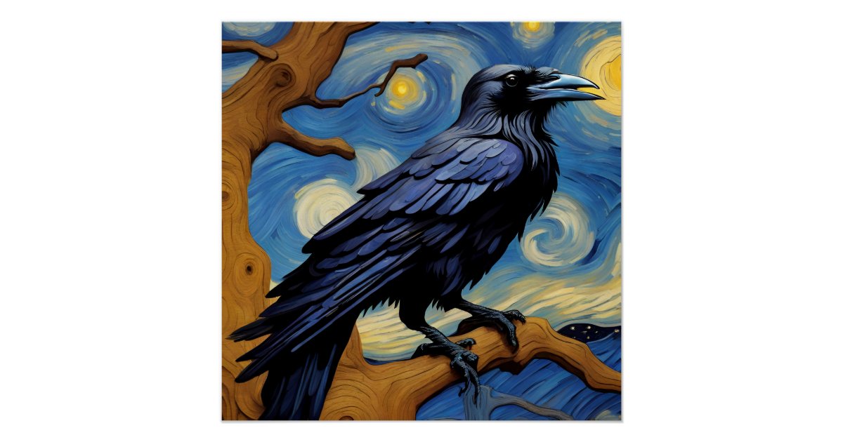 Raven in the old oak tree in a starry night poster | Zazzle